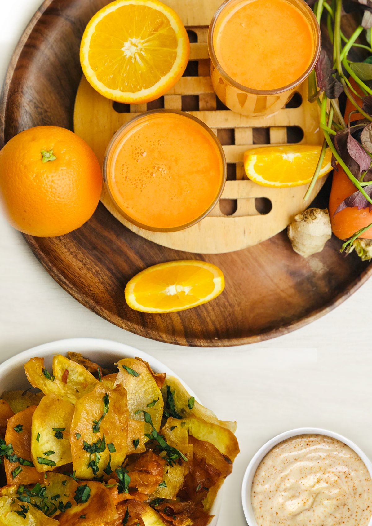 Baked Sweet Potato Chips w/ Garlic Aioli and Orange You Happy Juice ...